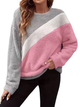 ORANDESIGNE Sweatshirts Polaire Femme Hiver Pull Peluche Chaud Sweat sans Capuche Sweat-Shirt Col Rond Haut de Pyjama A Rouge Rose L