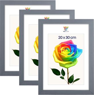 MG Design 3er Set Bilderrahmen 20 x 30 cm - Fotorahmen mit Grau Echtholzrahmen und bruchsicherem Acrylglas, Hoch & Quer zum Aufh&auml;ngen, zum Aufstellen