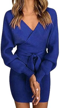 Heekpek Robe Pull Femme Sexy Chic Hiver Chaud en Tricot Mode Pullover Manches Longues Pull Robe Femme Hiver, Bleu, XL