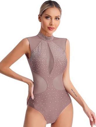 TiaoBug Femme Léotards de Danse Ballet Col Haut Justaucorps de Gymnastique à Paillettes Body Bodysuit de Patinage Artistique Dos Nu Dancewear S-XXL Rose pouss