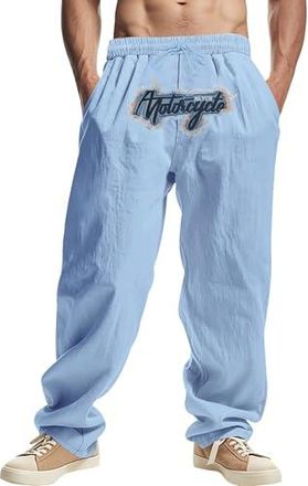 Generic Pantalon long en lin pour homme - Pantalon de plage avec imprim&eacute; - Pantalon d&eacute;t&eacute; avec taille &eacute;lastique - Pantalon de loisirs - Pantalon en tissu respi