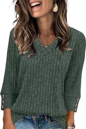 Generic Pull &agrave; Col en V et Manches 3/4 Chic pour Femme - Haut Tricot&eacute; Doux et D&eacute;contract&eacute; Chaud Pas Cher Couleur Unie Automne Hiver Cadeau No&euml;l,Arm&eacute;e Verte,XL