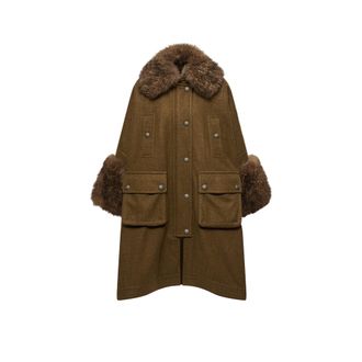 Moncler Moncler Cape Mantreau En Loden &Agrave; Bordure En Shearling, Femme, Marron, Taille: 1