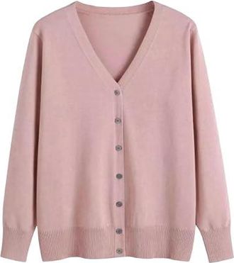 Generic Cardigan en tricot &agrave; col en V pour femme avec bordure c&ocirc;tel&eacute;e &agrave; manches longues simple boutonnage &eacute;l&eacute;gant, rose, Taille XL
