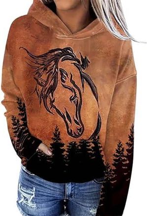 Generic Pull &agrave; capuche ample et chaud &agrave; manches longues pour femme Motif cheval et imprim&eacute;, Orange, S