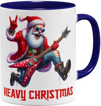 OM3 Heavy Christmas Kaffee-Tasse Lustige Weihnachtstasse f&uuml;r Rocker & Heavy Metal Fans - Santa und E-Gitarre - Keramik Becher - 325ml - Beidseitig Bedruck