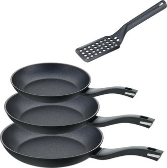Berndes Pfannen Set Induction Enduro 4tlg. - frypan 20 cm, 24 cm & 28 cm - mit Pfannenwender - allherdtauglich - Bratpfanne mit extrem robuster 3-Schicht- Ant
