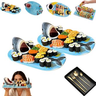 Generic Hai-Charcuterie-Brett, 3-in-1-Hai-Sushi-Teller Mit Dip-Sauce-Schale, Lustiger Handgefertigter Keramik-Hai-Taco-Halter, Hitzebest&auml;ndig Bis 1300 &deg;C, Mik