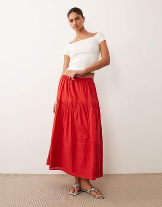 Abercrombie & Fitch Jupe longue &agrave; volants &eacute;tag&eacute;s - Rouge