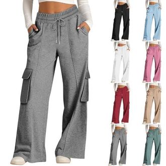 Generic Pantalon de surv&ecirc;tement pour femme avec poches taille haute et jambes larges avec poches, gris fonc&eacute;, XXL