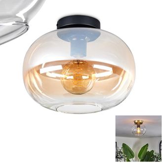 HOFSTEIN Deckenleuchte Apedo, Deckenlampe aus Metall/Glas in Schwarz/Bernsteinfarben/Klar, Leuchte im modernen Retro/Vintage-Design mit Schirm aus Glas (&Oslash; 30 c