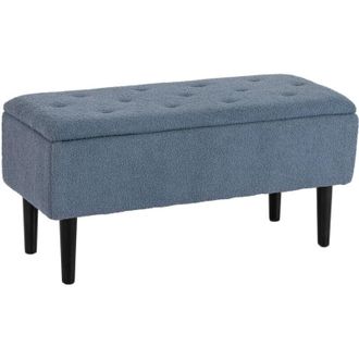 HOMCOM Banc de Rangement - HOMCOM - rev&ecirc;tement effet laine boucl&eacute;e - pieds en bois dh&eacute;v&eacute;a - 95x38x45cm - bleu