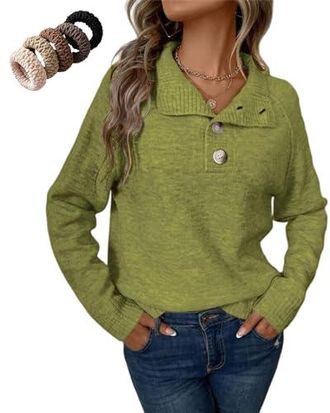 Generic Pull en tricot torsad&eacute; boutonn&eacute; &agrave; col montant pour femme, manches longues, confortable, l&eacute;ger, ample, d&eacute;contract&eacute;, travail, automne, Vert, XL