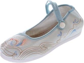 Kawaii-Story BJ-004 Bleu Clair Grue Oiseau Nuages Satin Brod&eacute; Vintage Hanfu Brides Ballerine Chinois Tissu Chaussures, bleu, 41 EU &Eacute;troit