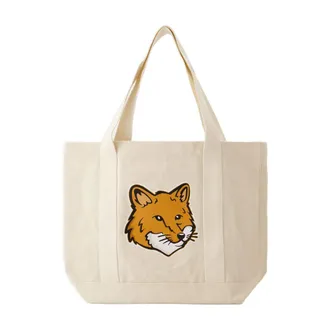 Maison Kitsun&eacute; Unisex Fox Head Logo Tote Beige Cotton