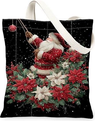 Generic Sacs fourre-tout en toile &agrave; motif floral de No&euml;l, sacs r&eacute;utilisables, vintage l&eacute;gers et lavables pour lext&eacute;rieur, les voyages, les pique-niques, 33 x 