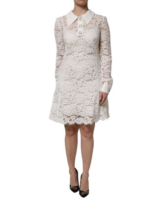 Dolce & Gabbana Womens White Floral Lace Viscose Collared Mini Dress