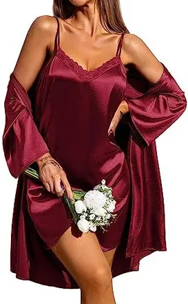 Ekouaer femmes robe de chambre et chemise de nuit ensemble sexy 2 pièces robes vêtements de nuit Bordeaux XXL