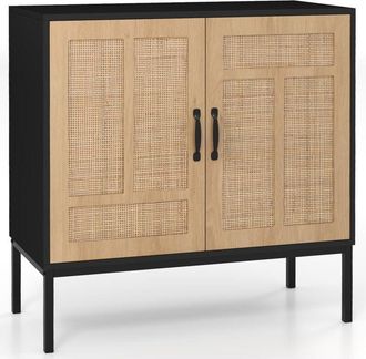 Costway Buffet &agrave; 2 Portes avec &Eacute;tag&egrave;re R&eacute;glable &agrave; 3 Positions, Porte en Rotin, Meuble dAppoint Boh&egrave;me 80 x 38 x 81 cm pour Cuisine, Salon, Couloir, Naturel