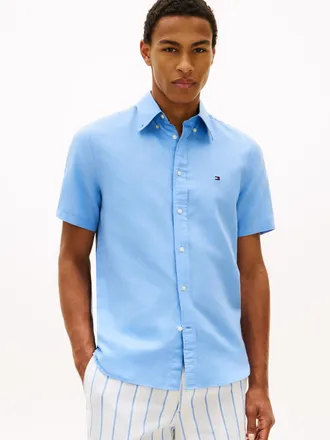 Tommy Hilfiger Kurzarmhemd TOMMY HILFIGER LINEN BLEND SOLID, Herren, Gr. XL, N-Gr, cloudy blau, Web, Obermaterial: 52% Baumwolle, 48% Leinen, regular fit normal, Hem