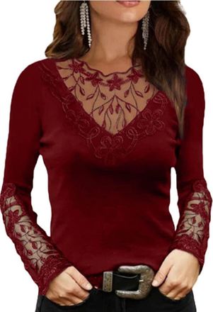 Onsoyours Damen Elegant Blusen Blumenspitzen Oberteile Langarm Bishop &Auml;rmel Tunika Stretchy T-Shirts V-Ausschnitt Mit Schleife Spitzeshirts Oberteile Streetwear