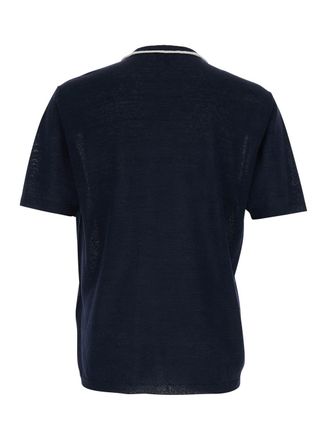 Giorgio Armani Mens T-Shirt Crew Neck Blue Linen-Silk Top
