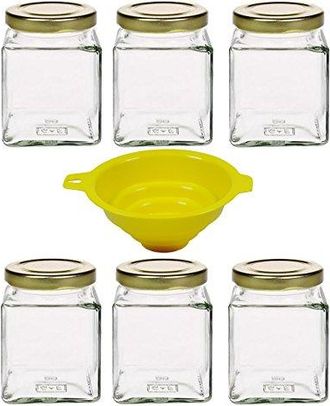 mikken Art Viva-Haushaltswaren Gabriele Hesse e.K. 6 x Einmachglas 210 ml Marmeladenglas, Gewürzglas, Glasdose, mit Schraubverschluss (Farbe Gold), inkl. Trichte