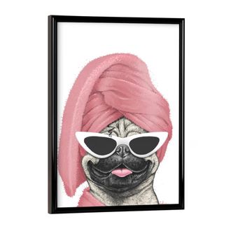 artboxONE Poster mit schwarzem Rahmen 18x13 cm Tiere Mops nach dem Bad - Bild mops Brille Digitale malerei