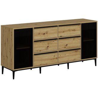 Vente-Unique Vente-unique - Buffet avec 2 portes en verre tremp&eacute; et 6 tiroirs - Naturel et noir - molinia