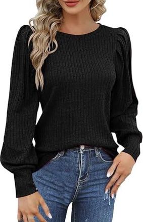 Generic Haut en tricot côtelé à manches bouffantes léger et doux à col rond décontracté pour femmes, coupe ample, couleur unie, pull basique surdimensionné po