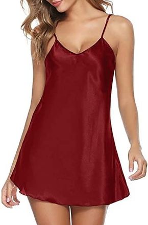 Generic Nuisette Longue Femme, Chemise De Nuit Satin Dété, sous-Robe Doux Confortable, Sleepwear Sensuelle Bretelles, sans Manches, Col en V, sous Vetement Al