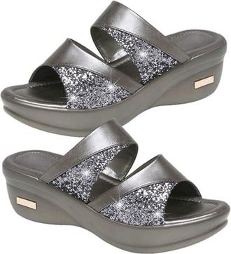 Valiclud Sandales Femme &Eacute;paisses &agrave; Talon Compens&eacute; Semelle Plateforme Confortable Style Fish Mouth D&eacute;cor Brillant pour Usage Ext&eacute;rieur D&eacute;contract&eacute; Gris