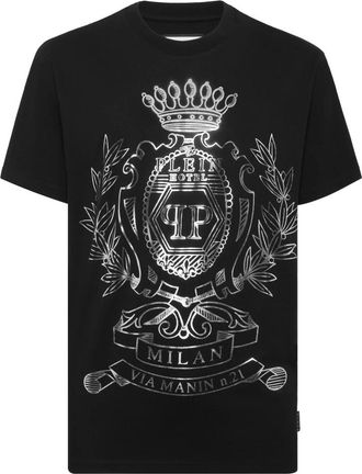 Philipp Plein Homme, Tops, Noir, Taille: XL Round Neck T-Shirt Crest