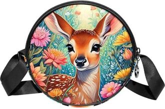 Generic Sac &agrave; bandouli&egrave;re rond pour femme, petit sac &agrave; bandouli&egrave;re avec fermeture &eacute;clair, bretelles r&eacute;glables, style d&eacute;contract&eacute;, motif cerf