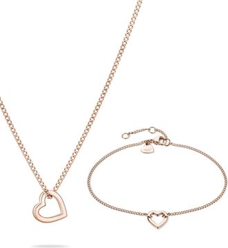 Tamaris Schmuck-Set - Halskette mit Herz-Anh&auml;nger und passendem Armband - IP Ros&eacute;gold - Panzerkette verstellbar bis 45 cm - wasserfest & hautfreundlich