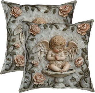 Generic Dekorative Engel-Kissenbez&uuml;ge, 2er-Set, beige mit Fl&uuml;geln, Engel-Motiv, elegante Heimdekoration f&uuml;r Wohnzimmer, Sofa, Bett, Couch, 50,8 x 50,8 cm
