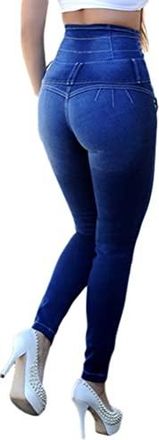 Onsoyours High Rise Straight Jeans Femme Casual &Eacute;lastique Jeans Pantalon R&eacute;tro Leggings avec Poches A Bleu Fonc&eacute; L