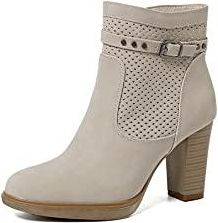 Queen Helena Bottines perforées avec talon bas fermeture éclair latérale avec plateau femme XX28-107, beige, 39 EU