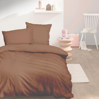 Matt & Rose Parure de lit 1 Personne Unie Coton LAV&Eacute; | 100% Coton Lav&eacute; | Oeko-TEX | Housse de Couette 140x200 cm + 1 Taie doreiller &agrave; Franges 65x65 cm | Chocolat