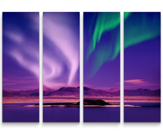 Paul Sinus Art Leinwandbilder | Bilder Leinwand 130x90cm 4 Teile Polarlichter über Bergen