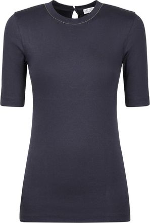 Brunello Cucinelli Femme, Tops, Bleu, Taille: 38 FR T-shirt &agrave; col rond c&ocirc;tel&eacute;
