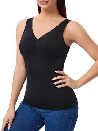 Joyshaper Maillot de corps gainant pour femme - Haut gainant - Soutien-gorge - Débardeur - Dentelle - Gilet gainant - Ventre - Body Shaper, Noir/col en V, XXL