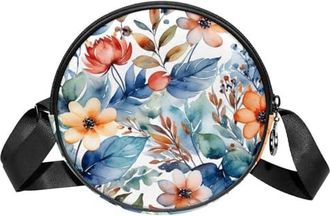 Generic Sac &agrave; bandouli&egrave;re rond pour femme, motif fleurs et feuilles, sac &agrave; dos avec fermeture &eacute;clair, bretelles r&eacute;glables, sac &agrave; main rond d&eacute;contract&eacute; pour fe