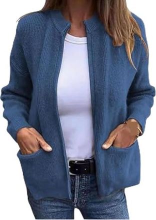 Generic Cardigan Femme &agrave; Fermeture &Eacute;clair, Col Rond Uni avec Poches, Veste en Tricot Ouvert D&eacute;contract&eacute;(Blue,XX-Large)
