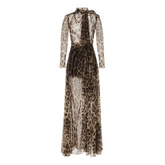 Dolce & Gabbana Georgette-Kleid mit Leopardenmuster und Bindedetails - - Dresses - Damen - Braun - M