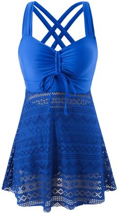 Ocean Plus Damen Elagant Tankini Top Spitze Rückenfreier Zweiteilig Badeanzug zum Abnehmen in Einfarbiger mit Brustpolster ohne Stahlstütze (XXL (EU 42-44), Köni