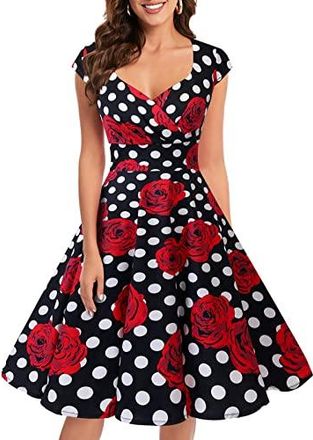 Bbonlinedress Robe Femme de Cocktail Vintage Rockabilly Robe pliss&eacute;e au Genou sans Manches col carr&eacute; R&eacute;tro Black White Rose XS