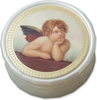 MaMeMi Dose für ROSENKRANZ oder HOSTIEN mit RAPHAEL ENGEL Motiv Durchmesser 6 cm AUFBEWAHRUNGSDOSE aus KUNSTSTOFF klassisches DESIGN
