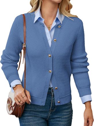 Grace Karin Strickjacke Damen Graublau Elegant Rundhals Langarm Herbst Blazer Damen Kurz mit Knopf Business Outfit Graublau M