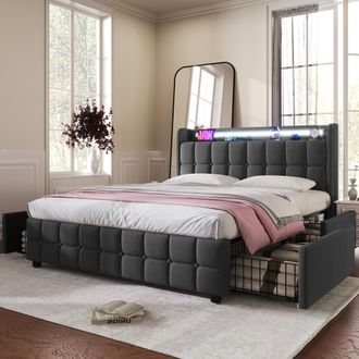 Myboo Polsterbett Doppelbett 180x200 cm, LED Jugendbett Stauraumbett Funktionsbett Bettgestell mit 4 Schubladen und Holz Lattenrost, Kopfteil mit USB Ladefu